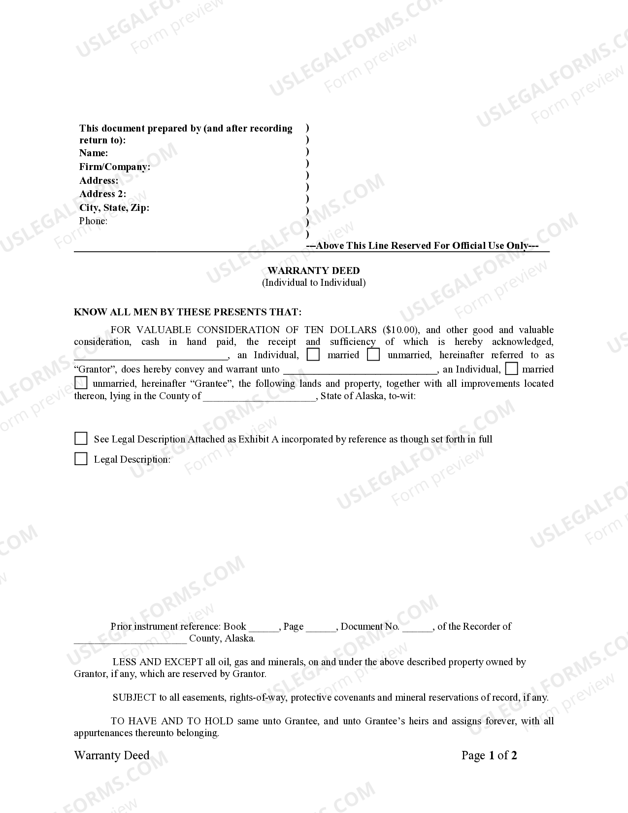 Alaska Warranty Deed from Individual to Individual - Alaska Warranty ...