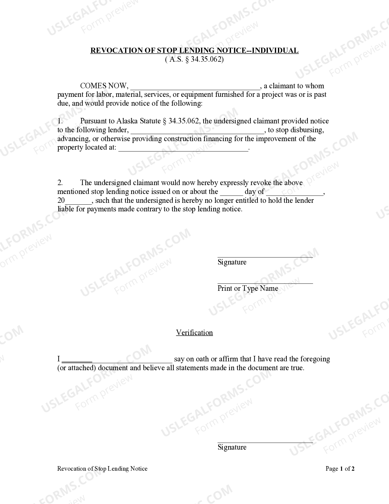 Alaska Revocation of Stop Lending Notice - Individual | US Legal Forms
