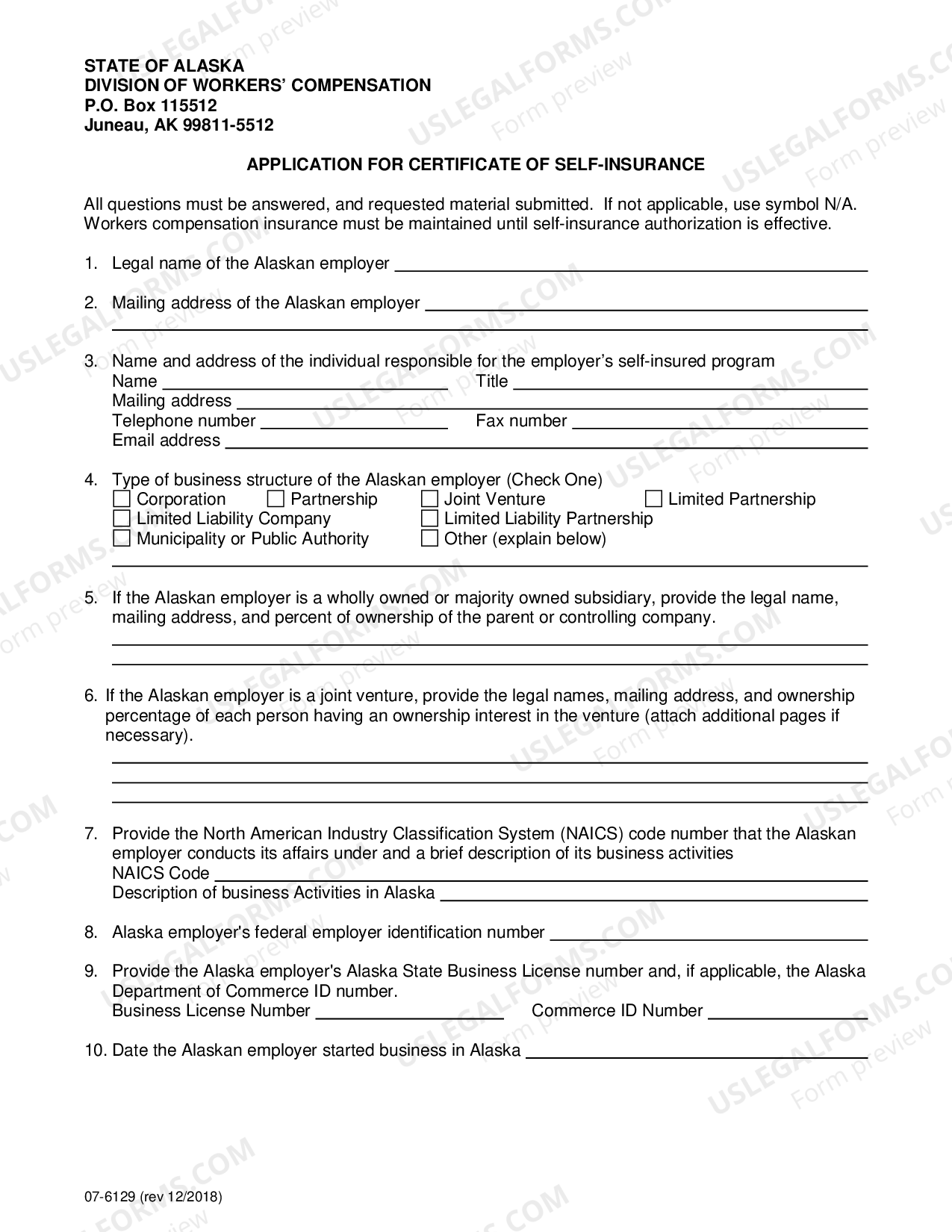 Alaska Application for Certificate of Self-Insurance | US Legal Forms
