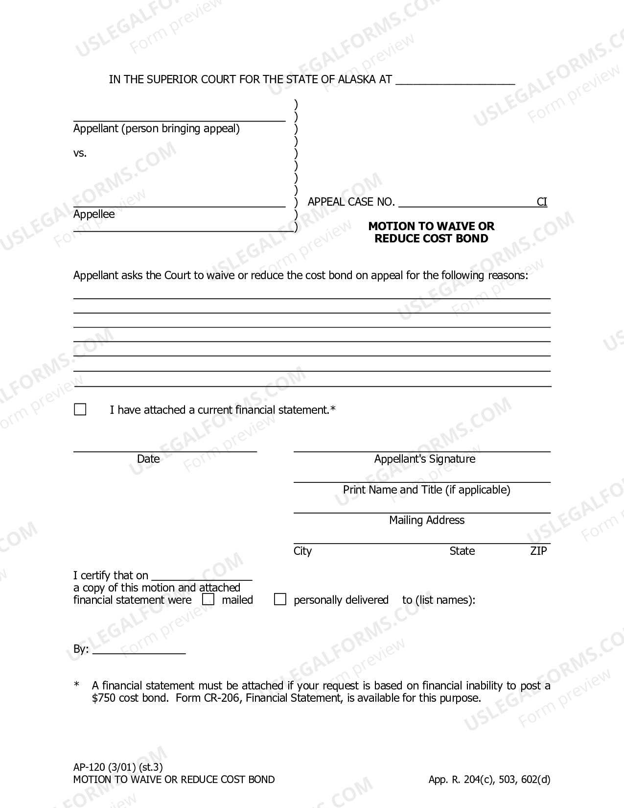 Alaska Motion to Waive or Reduce Cost Bond | US Legal Forms