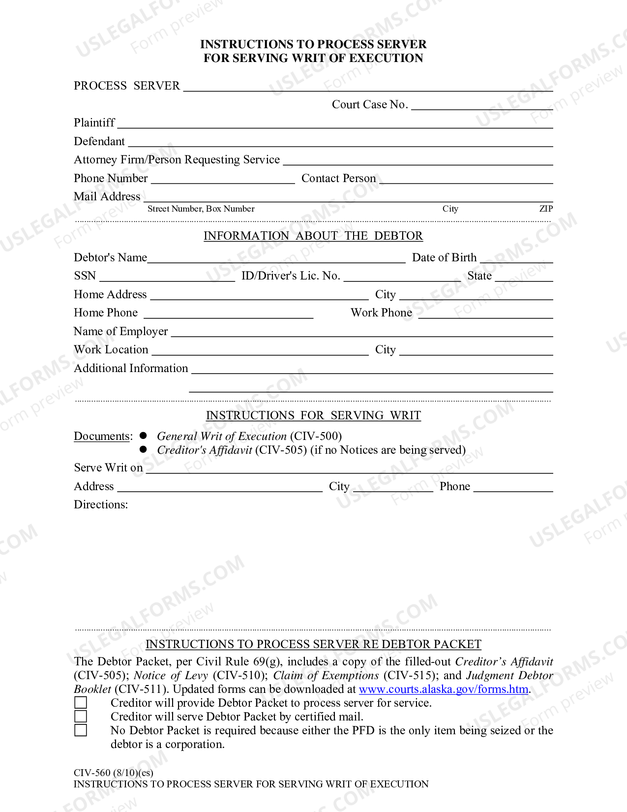 Alaska Instructions to Process Server for Serving Writ of Execution ...