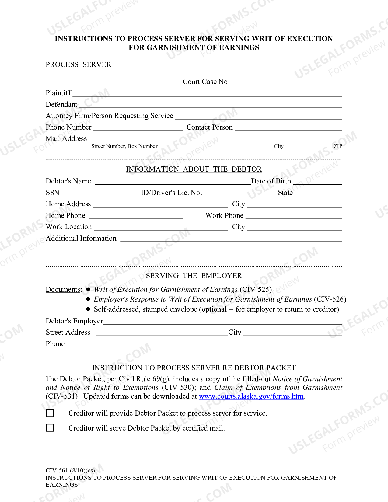 Alaska Instructions to Process Server for Serving Writ of Execution for ...
