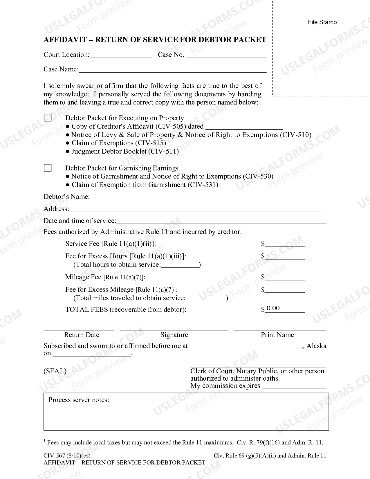 Alaska Affidavit - Return of Service for Debtor Packet | US Legal Forms