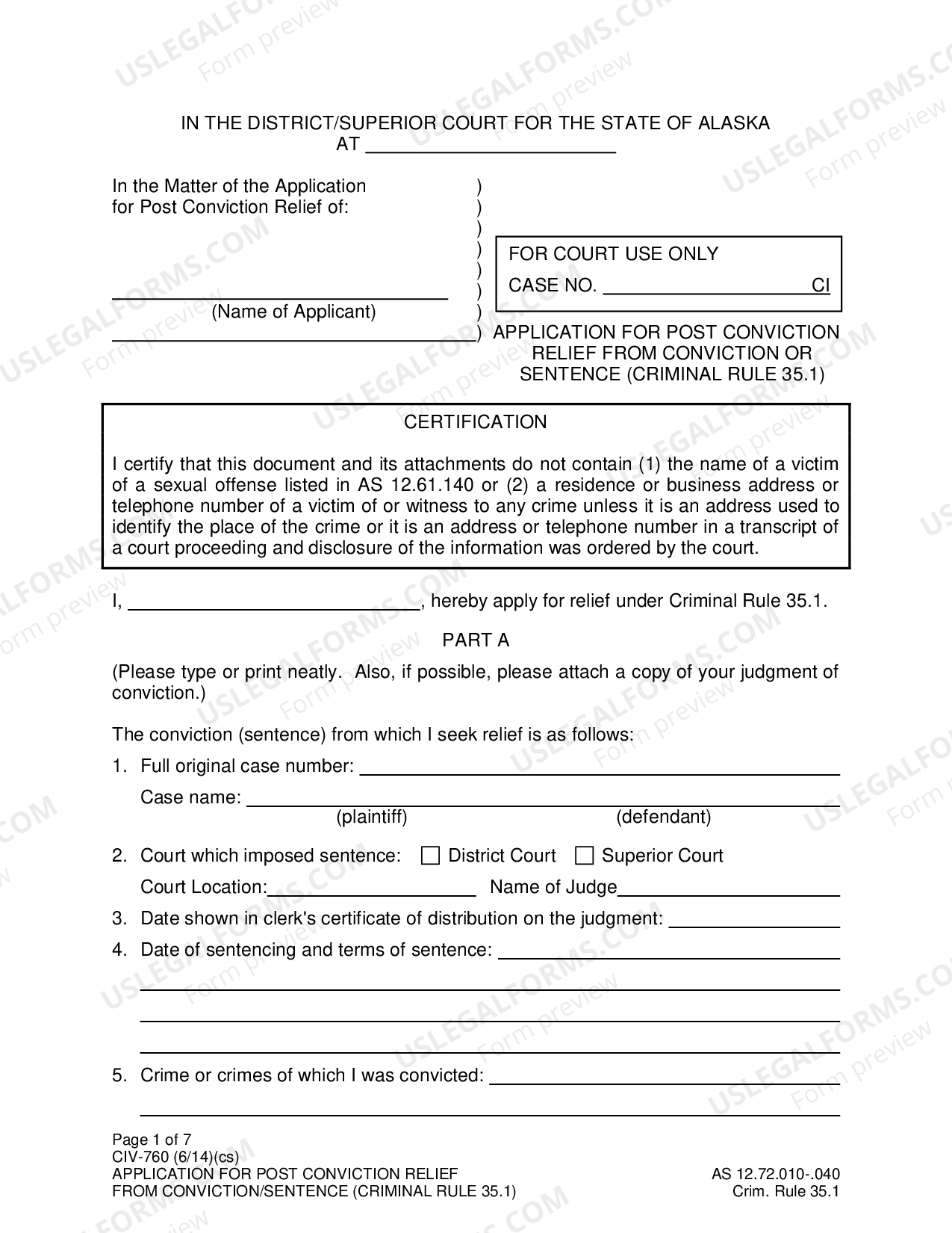Alaska Application for Post Conviction Relief | US Legal Forms