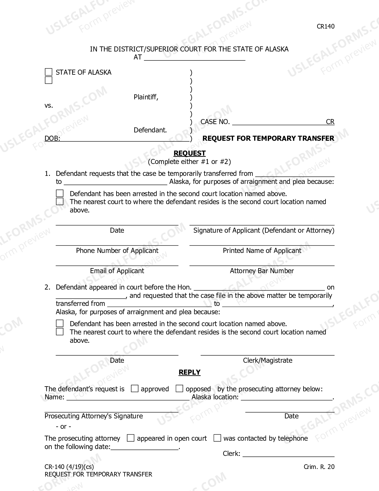 Alaska Request for Temporary Transfer | US Legal Forms
