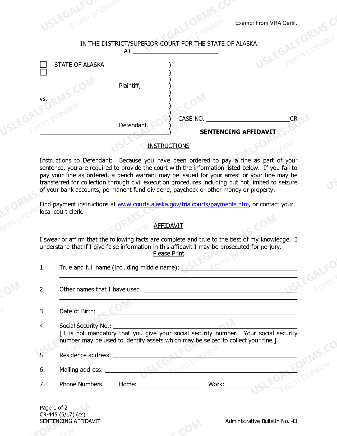 Alaska Sentencing Affidavit | US Legal Forms