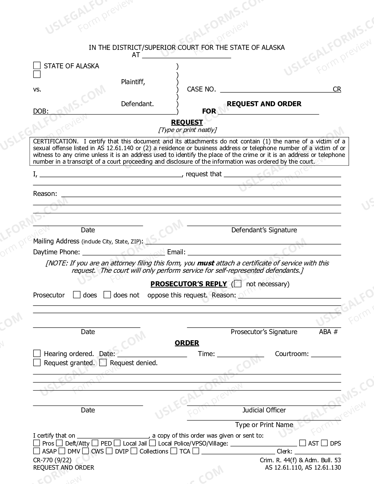 Alaska Request and Order | US Legal Forms