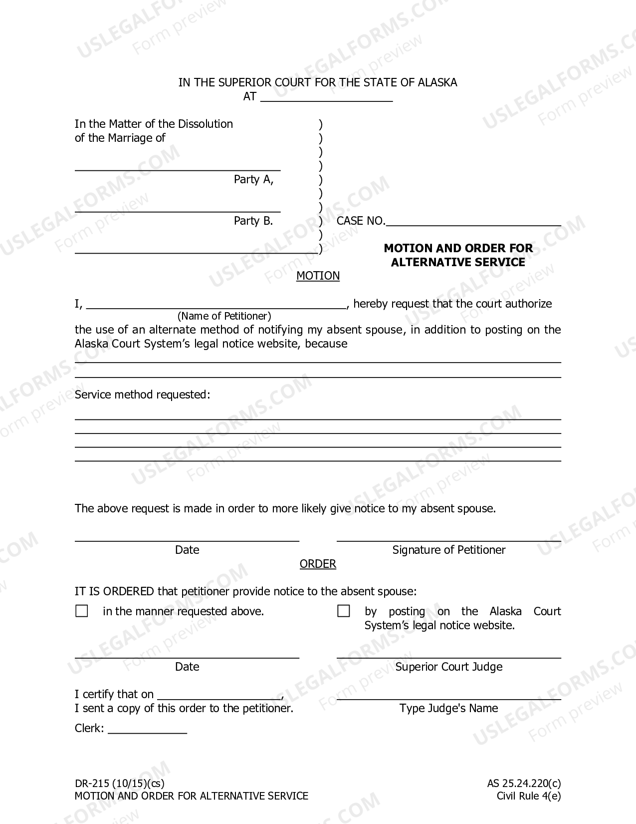 Alaska Motion and Order for Alternative Service | US Legal Forms