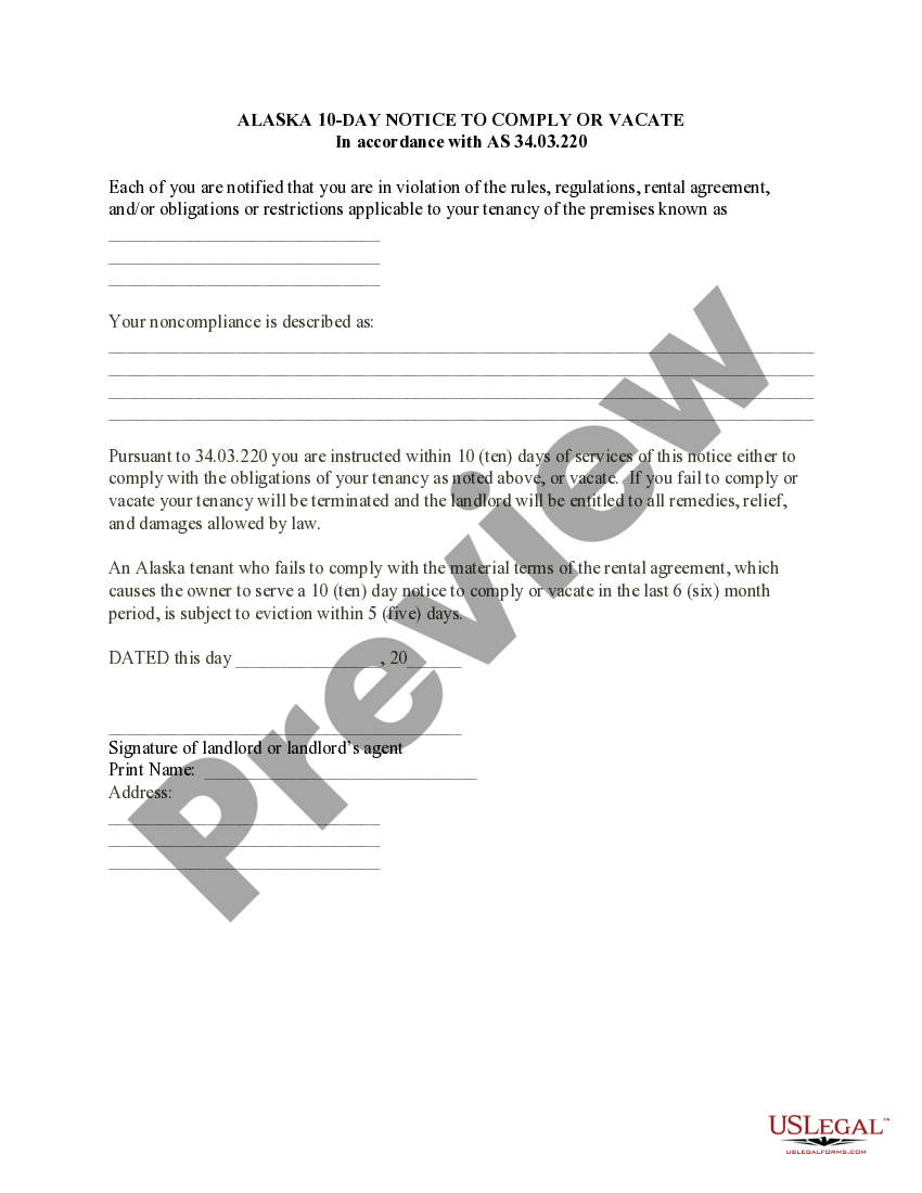 Alaska Ten 10 Day Notice To Comply Or Vacate US Legal Forms alaska-ten-10-day-notice-to-comply-or-vacate-us-legal-forms