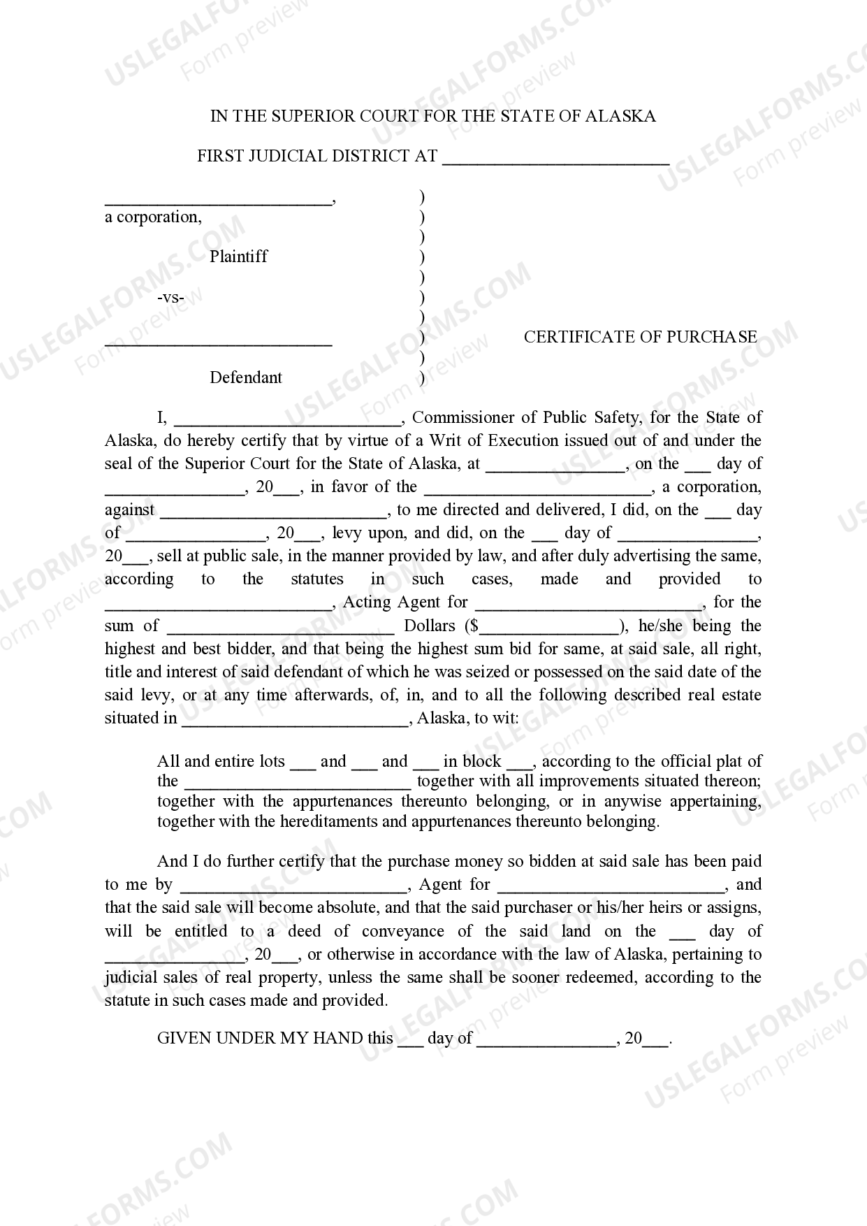 Alaska Certificate of Purchase | US Legal Forms