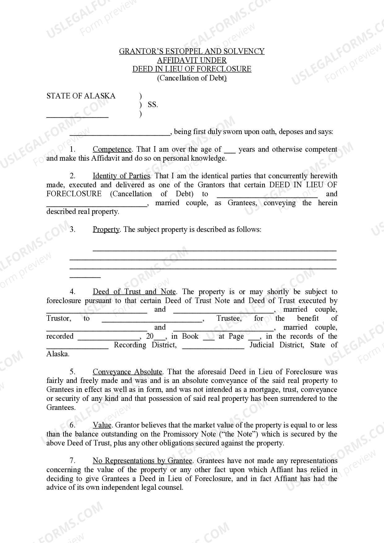 Alaska Grantor's Estoppel and Solvency Affidavit Under Deed In Lieu of ...