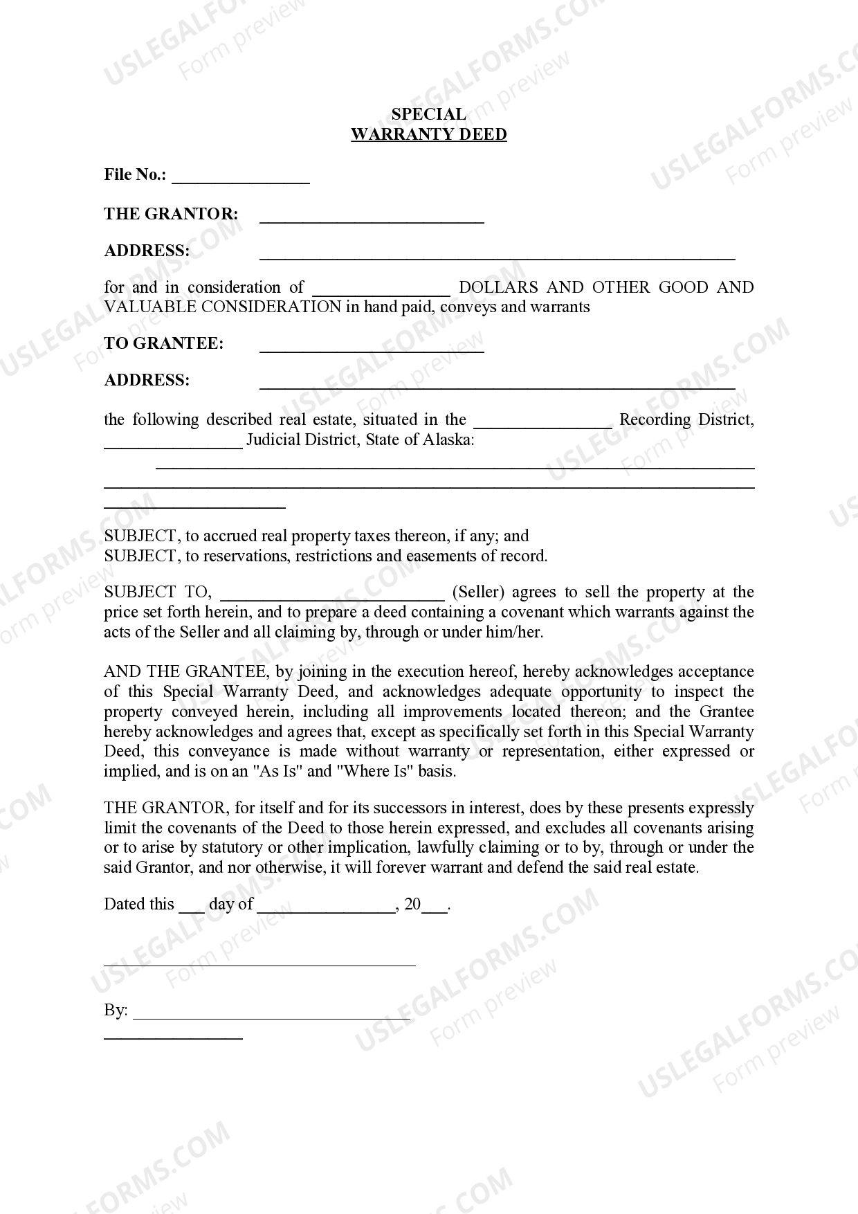 Alaska Special Warranty Deed - Special Warranty Deed Alaska | US Legal Forms
