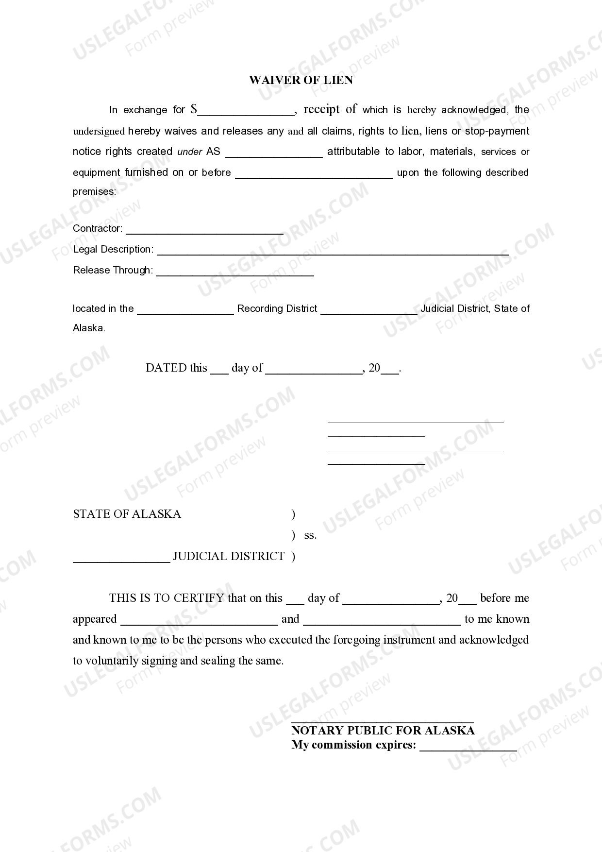 Alaska Waiver of Lien - Lien Waiver Form | US Legal Forms