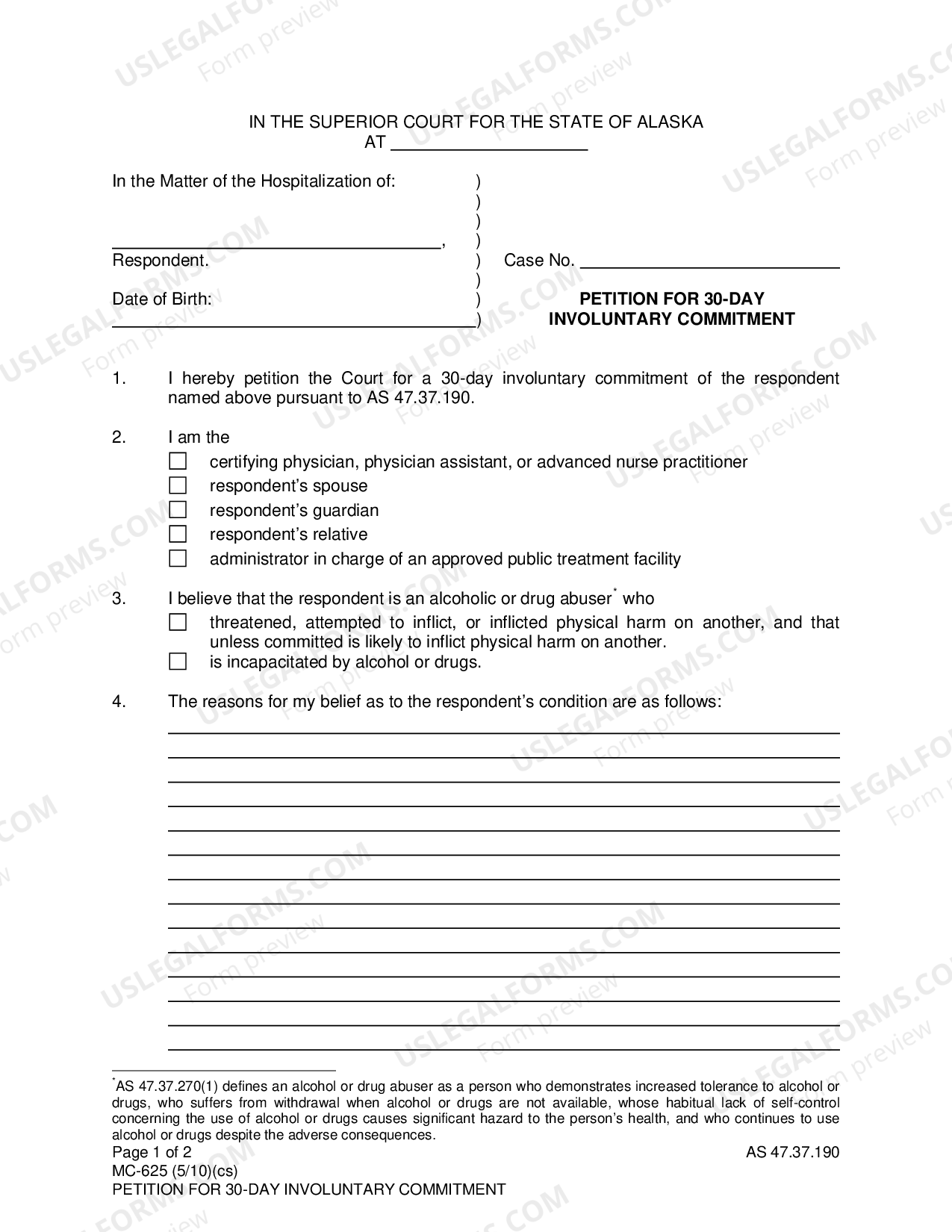 Alaska Petition for 30 Day Involuntary Commitment | US Legal Forms