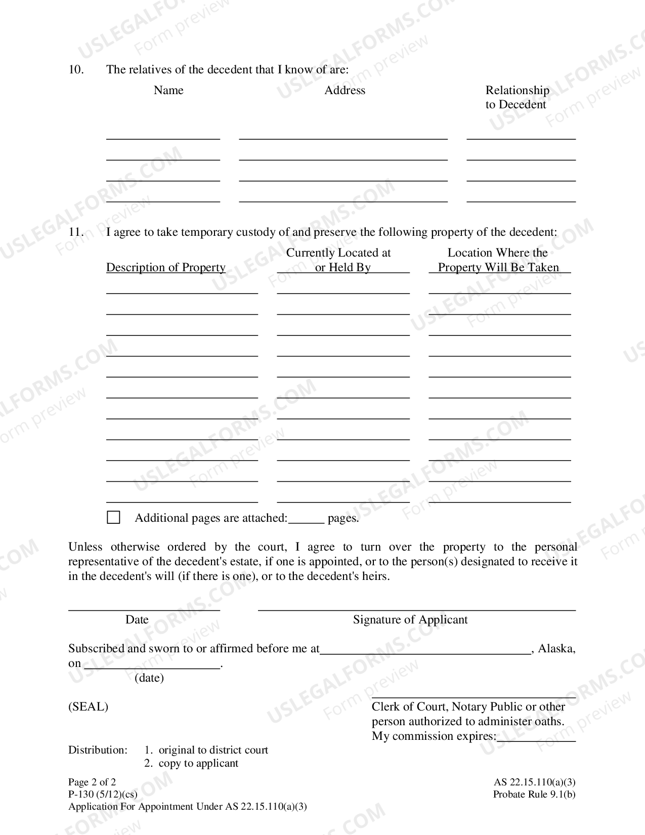 Alaska Application for Appointment As Temporary Property Custodian ...