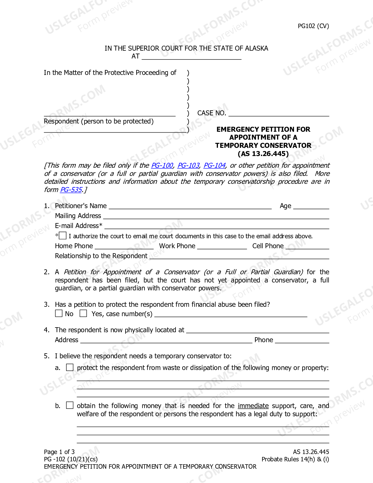 Alaska Emergency Petition for Appointment of a Temporary Conservator ...