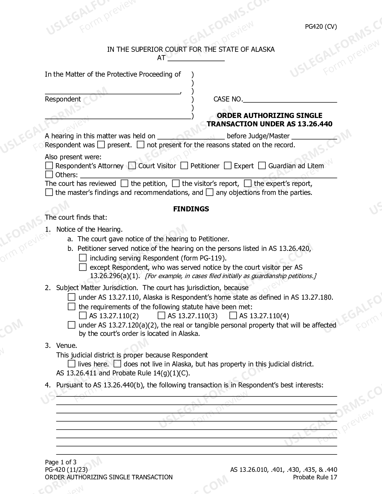 Alaska Order Authorizing Single Transaction Under AS 13.26.205 | US ...