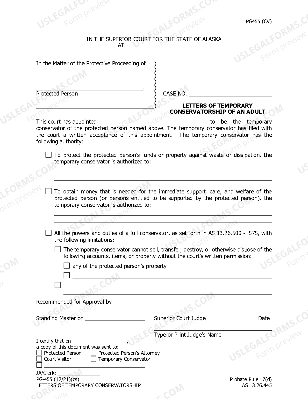 Alaska Letters of Temporary Conservatorship of an Adult | US Legal Forms