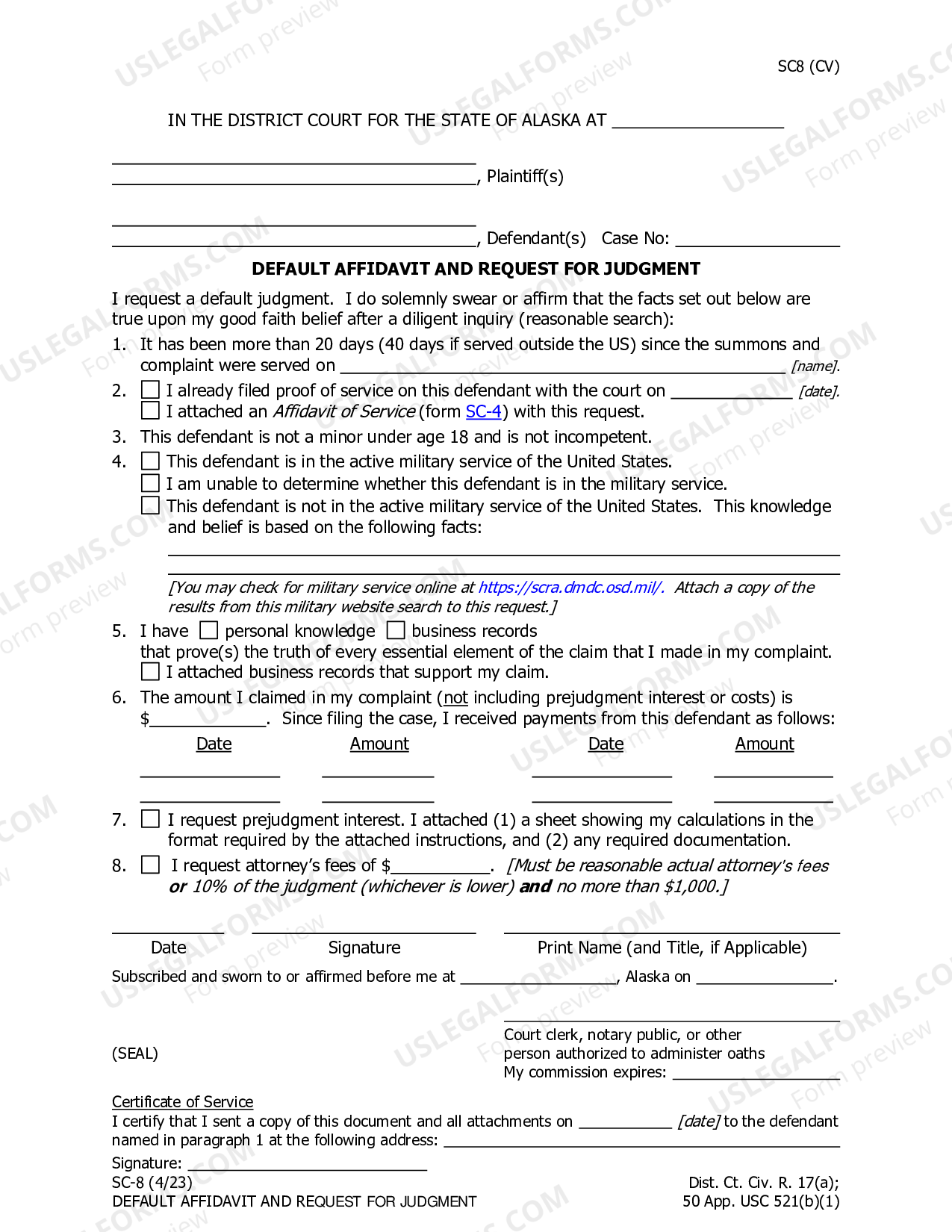 Alaska Default Affidavit and Request for Judgment | US Legal Forms