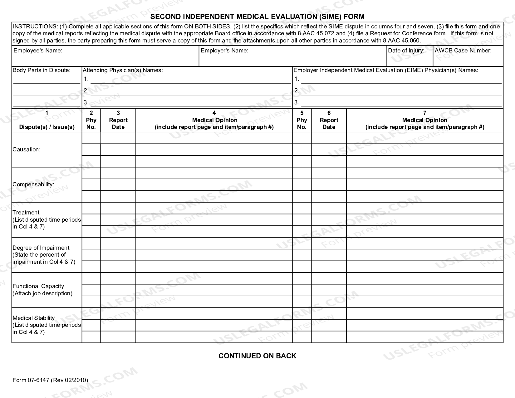 Alaska Second Independent Medical Evaluation (SIME) Form | US Legal Forms