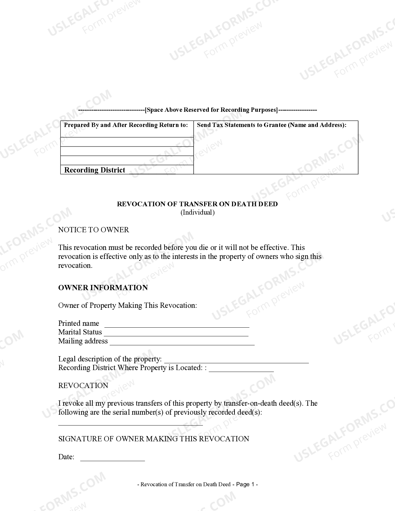 Alaska Revocation of Transfer on Death Deed - Beneficiary Deed for One ...