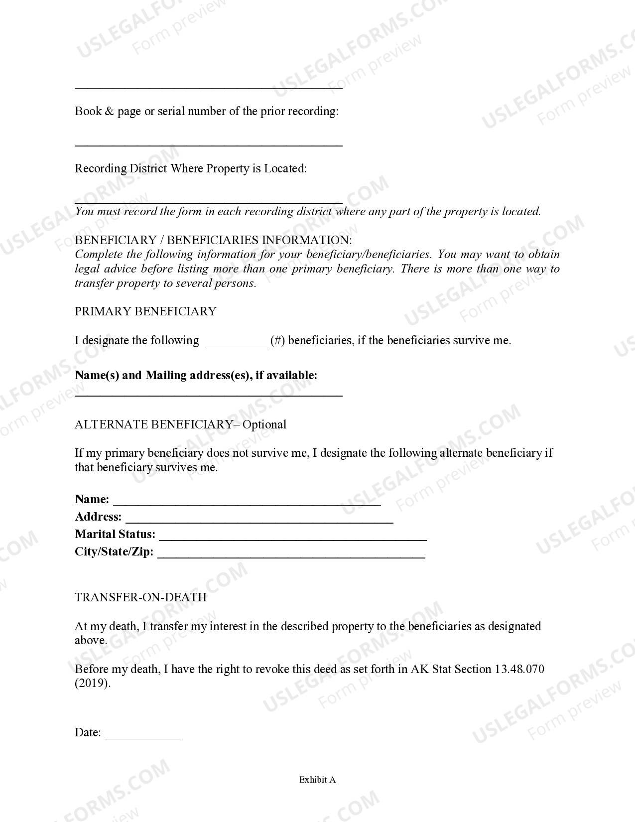 Alaska Transfer on Death Deed or TOD - Alaska Deed Tod | US Legal Forms