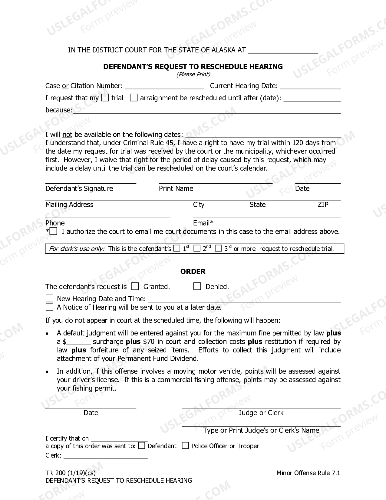 Alaska Request For Rescheduled Arraignment Date | US Legal Forms