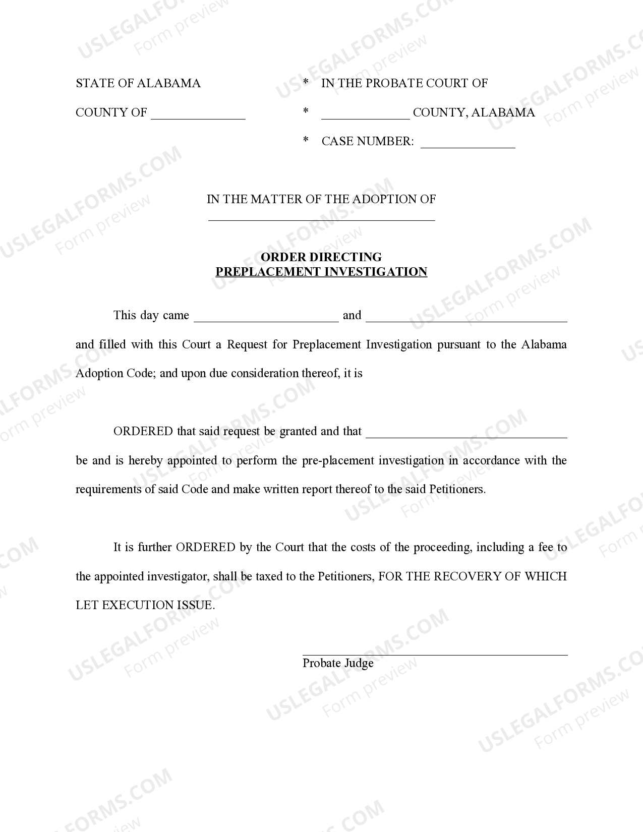 Alabama Order Directing Pre-Placement Investigation | US Legal Forms