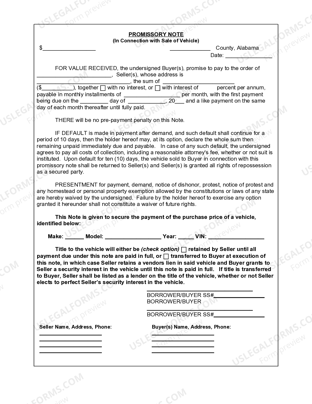 Alabama Promissory Note in Connection with Sale of Vehicle or ...