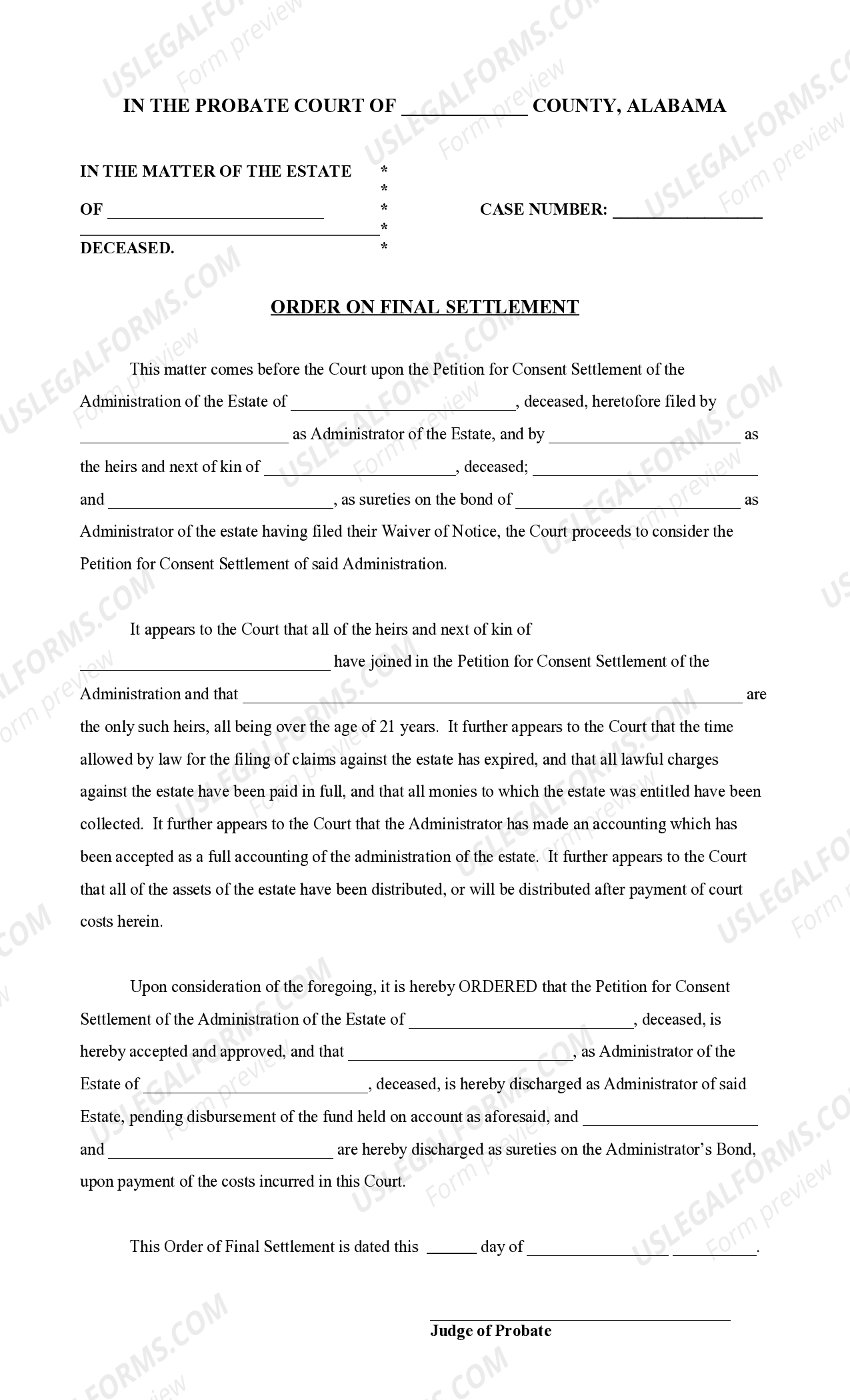 Alabama Order on Final Settlement | US Legal Forms