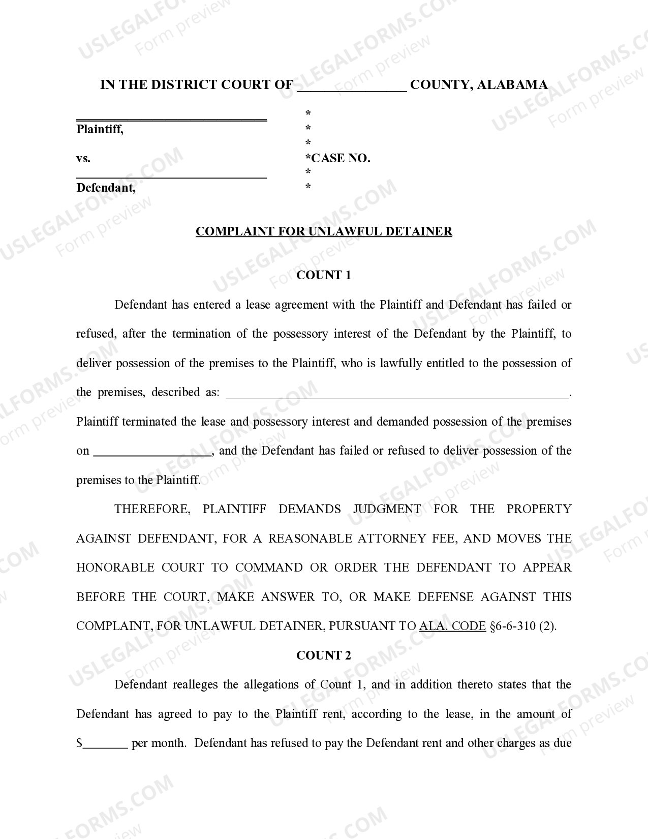 Alabama Complaint For Unlawful Detainer - Alabama Unlawful Detainer ...
