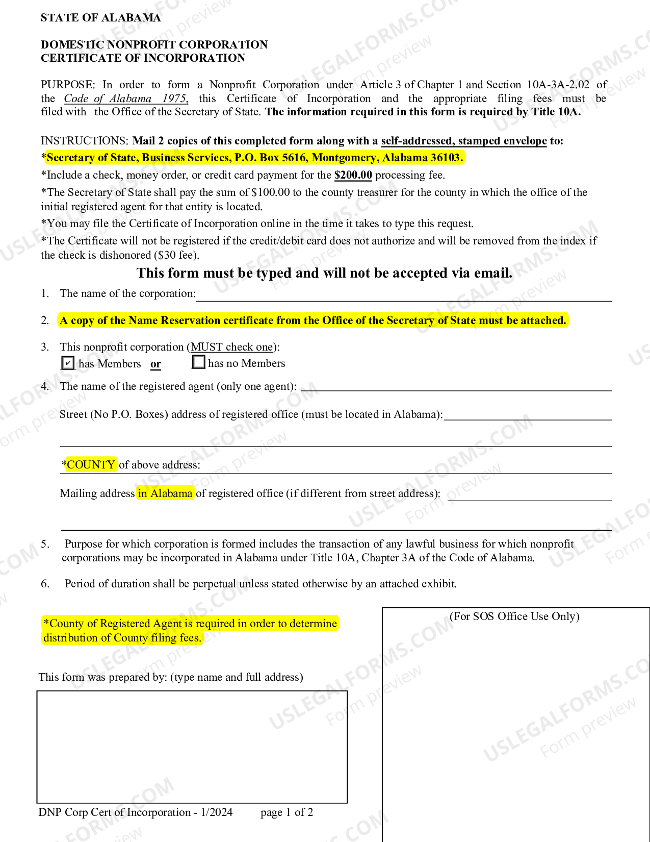 Alabama Articles of Incorporation for Domestic Nonprofit Corporation ...