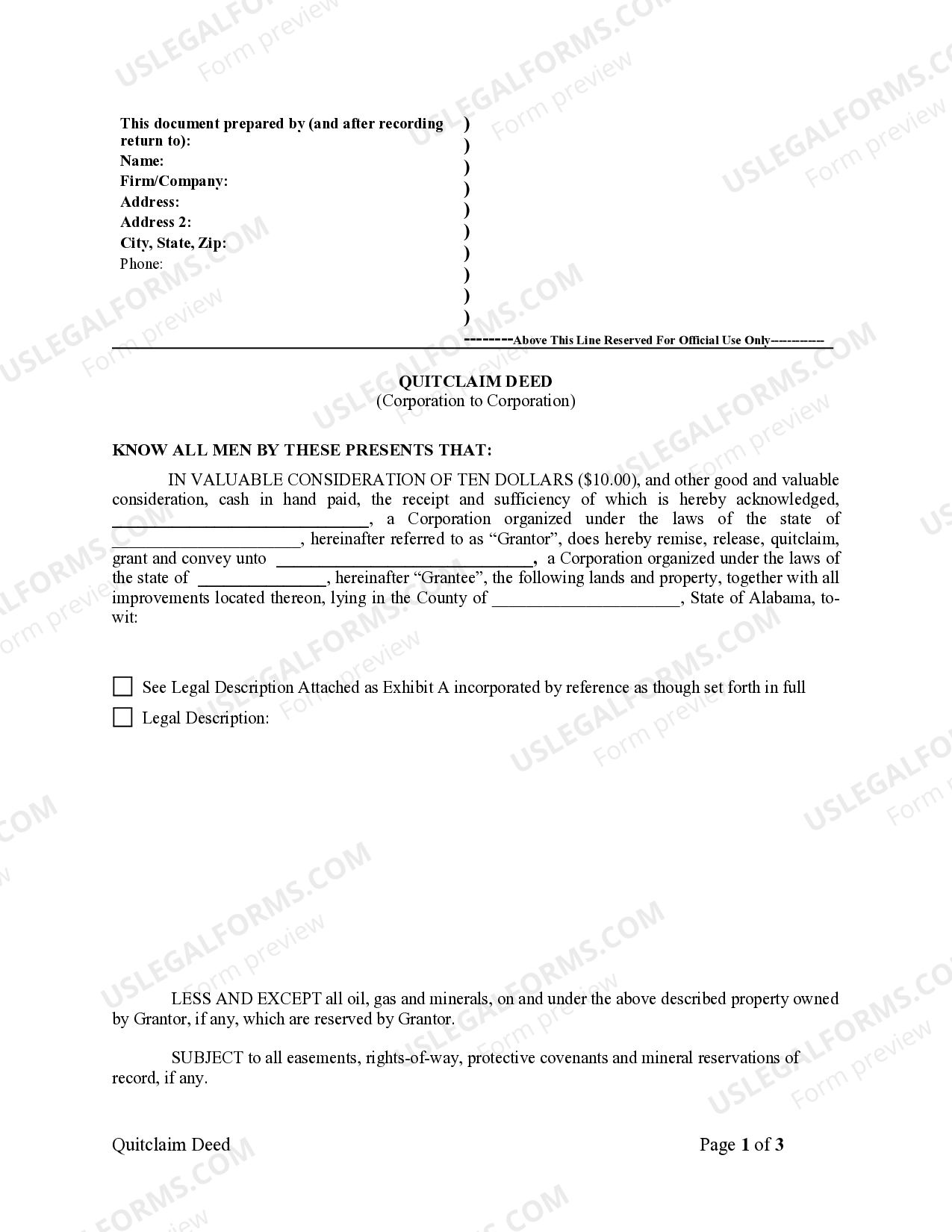 Alabama Quitclaim Deed from Corporation to Corporation | US Legal Forms