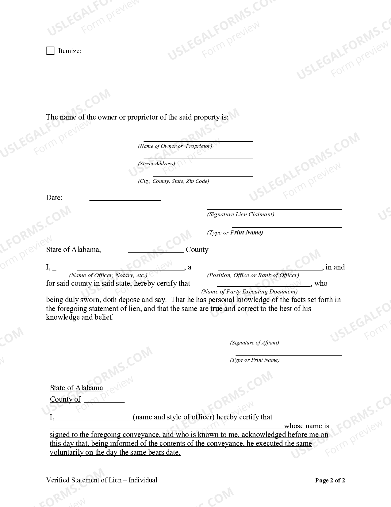 Alabama Verified Statement of Lien by Individual - Verified Statement ...