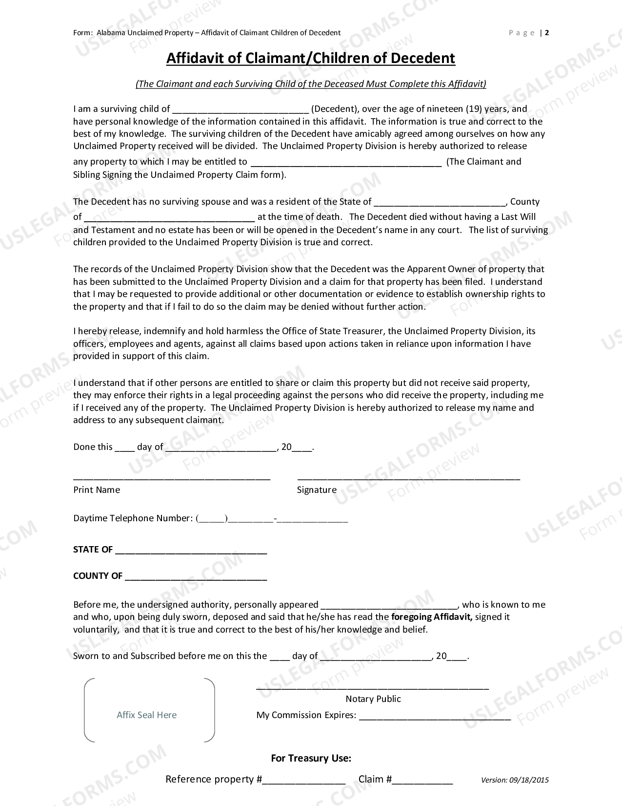 Alabama Affidavit of Claimant - Child of Decedent | US Legal Forms