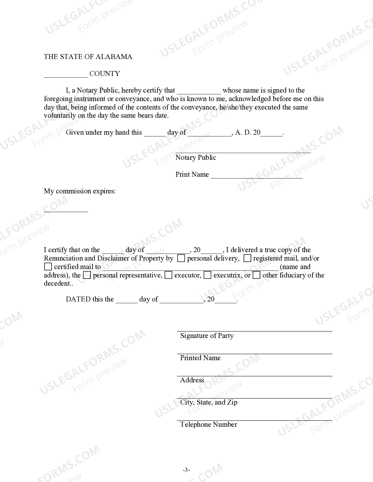 Alabama Renunciation and Disclaimer of Property received by Intestate ...