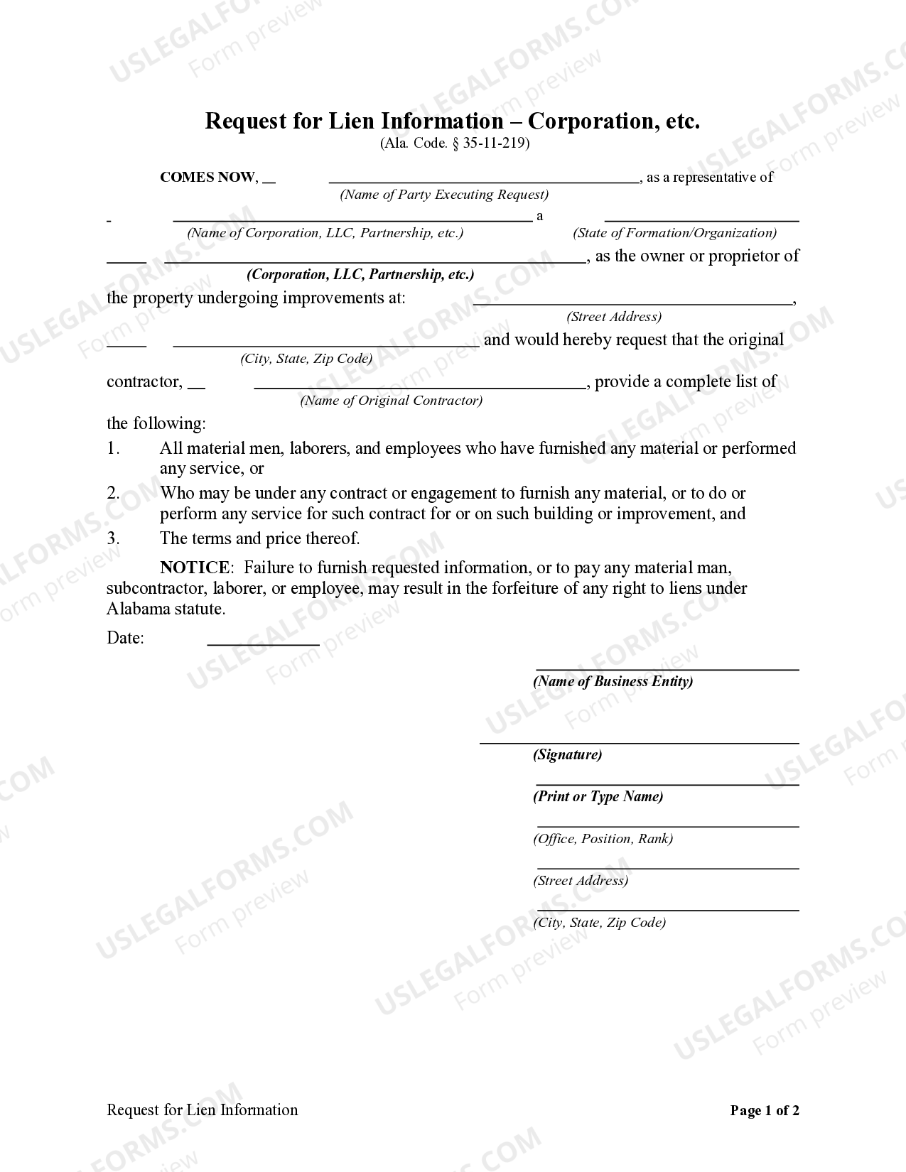 Alabama Owner's Request for Lien Information by Corporation or LLC ...