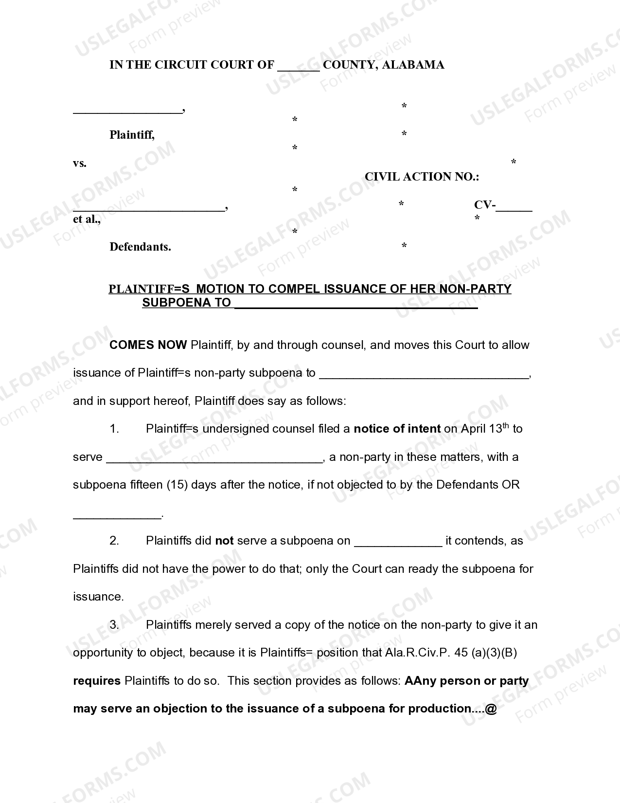 Alabama Motion to Compel a Nonparty | US Legal Forms