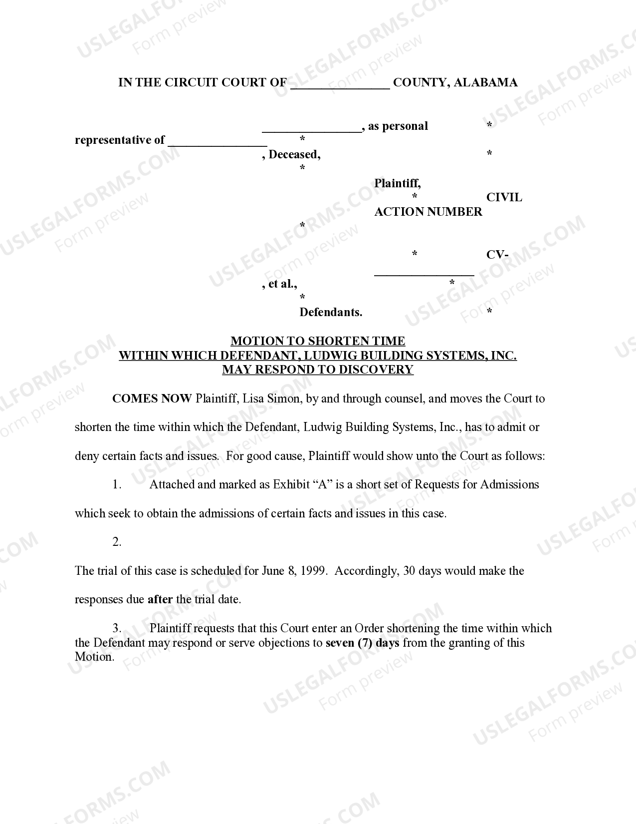 Alabama Motion to Shorten Time - Motion To Shorten Time | US Legal Forms