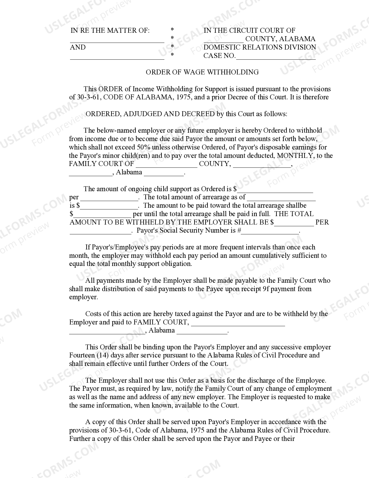 Alabama Order for Wage Withholding | US Legal Forms