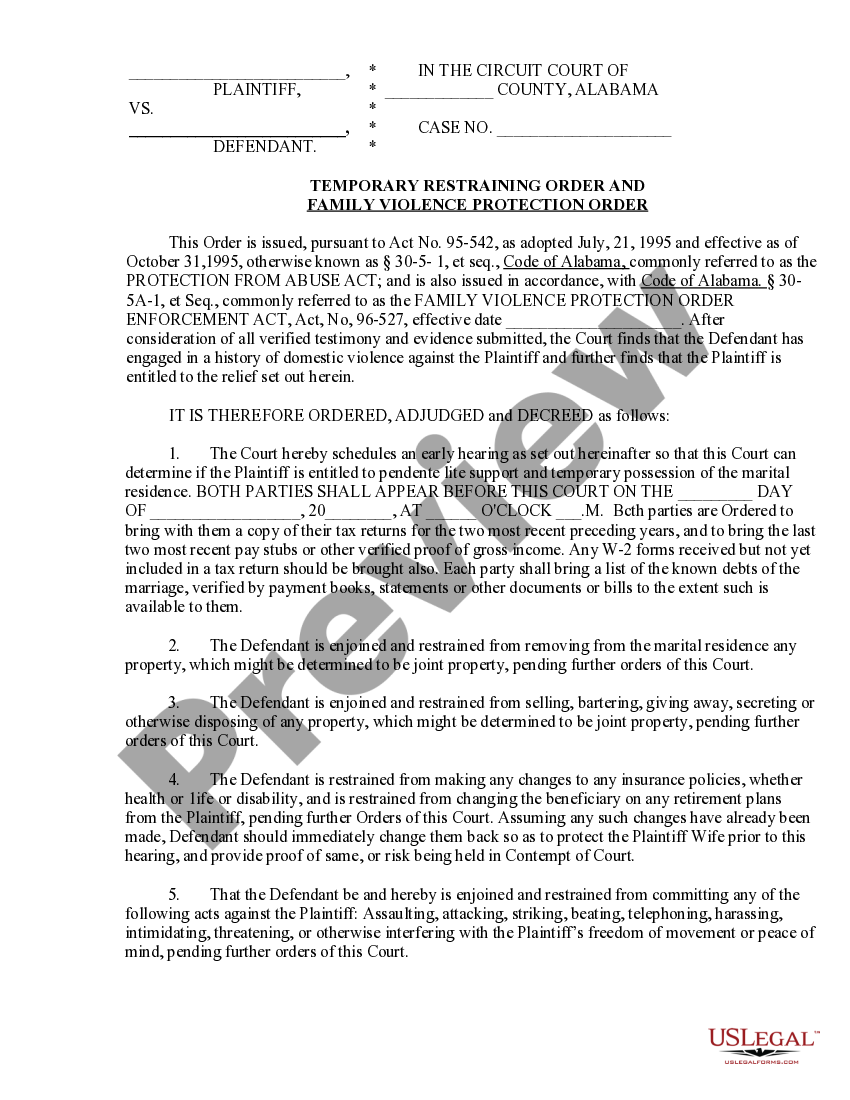 Alabama Restraining Order Form