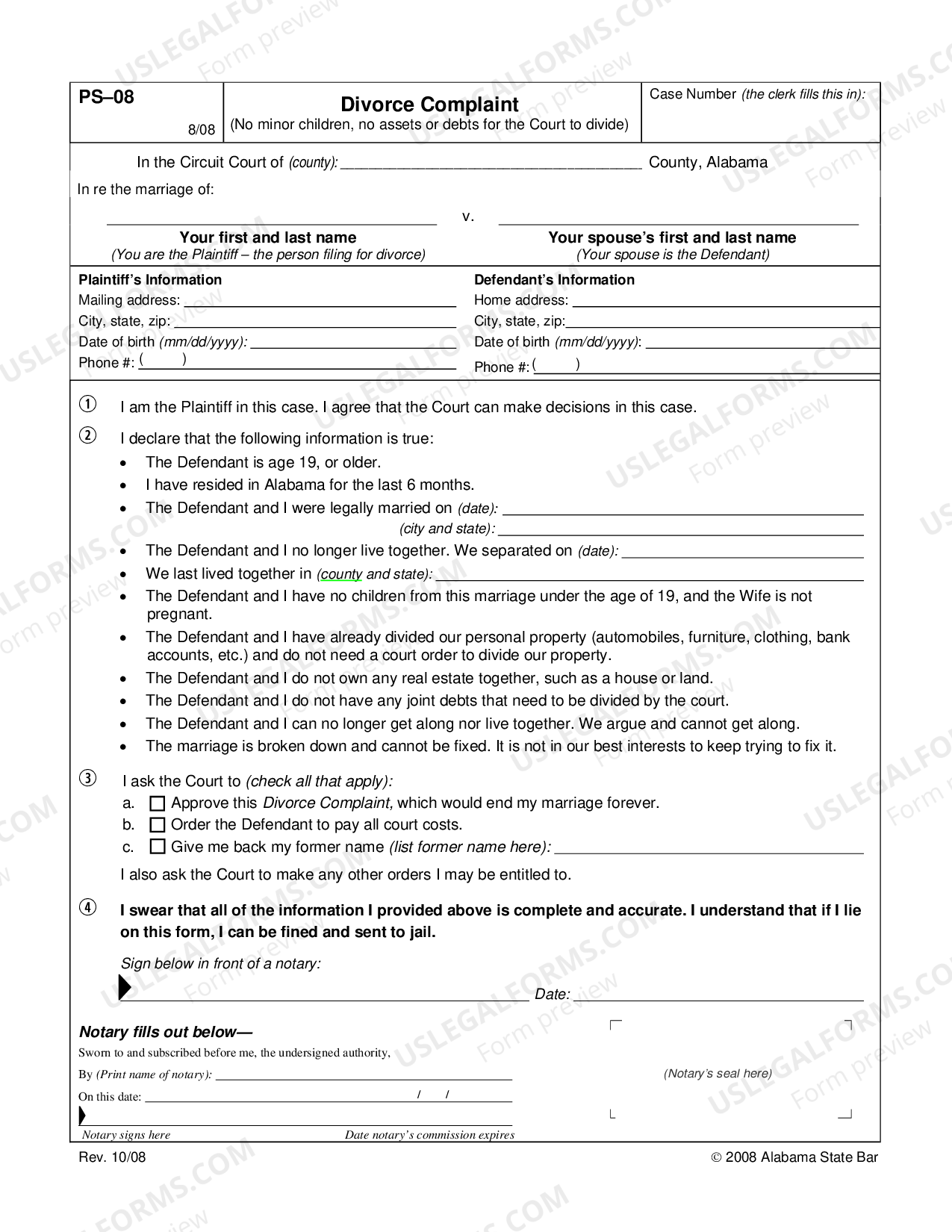 Alabama Complaint for Divorce for People with Adult Children | US Legal ...