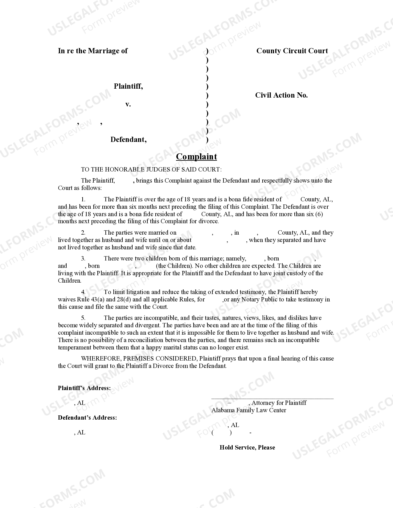 Alabama Complaint for Divorce with Children - Agreed Divorce With ...