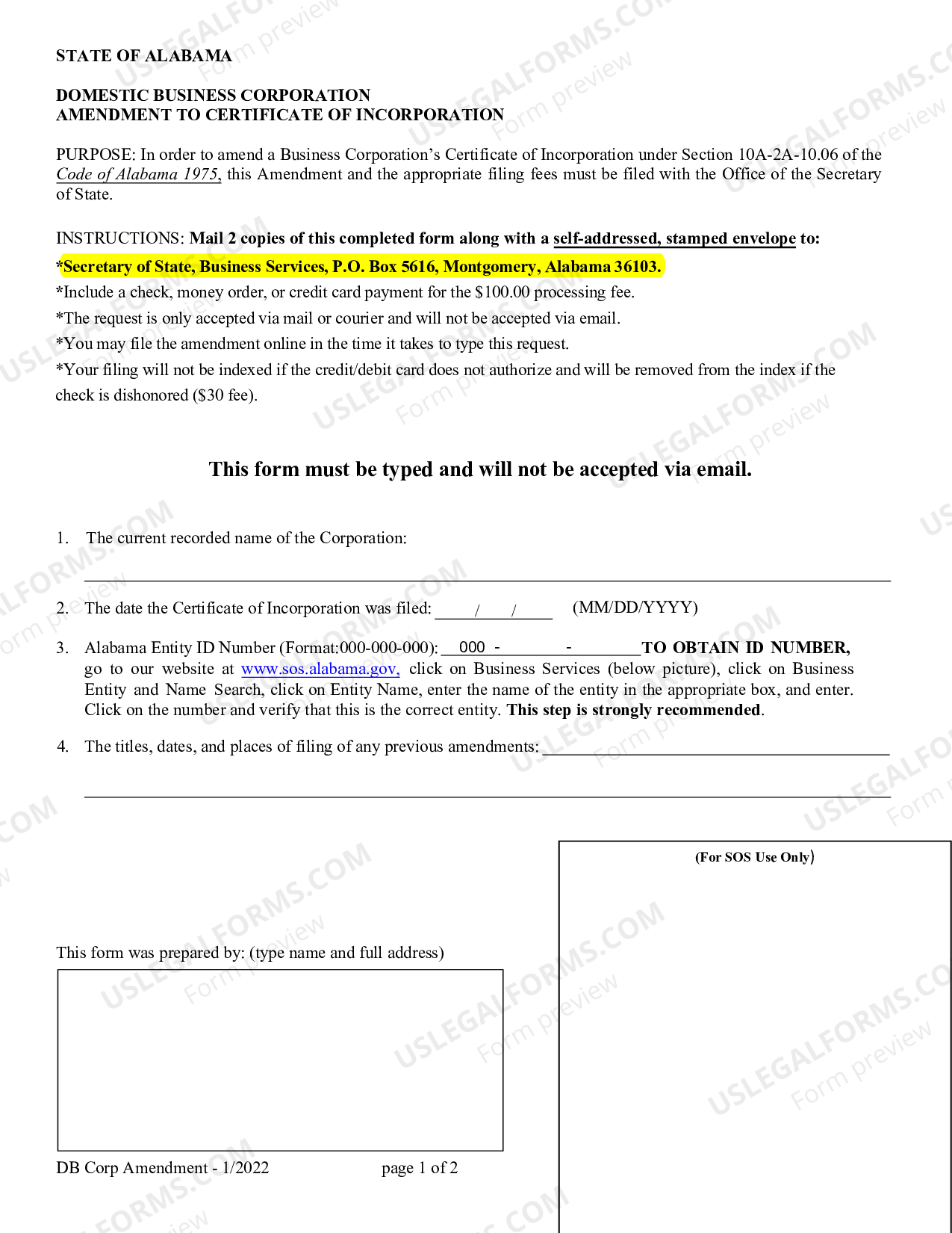 Alabama For-Profit Corporations Articles of Amendment to Articles of ...