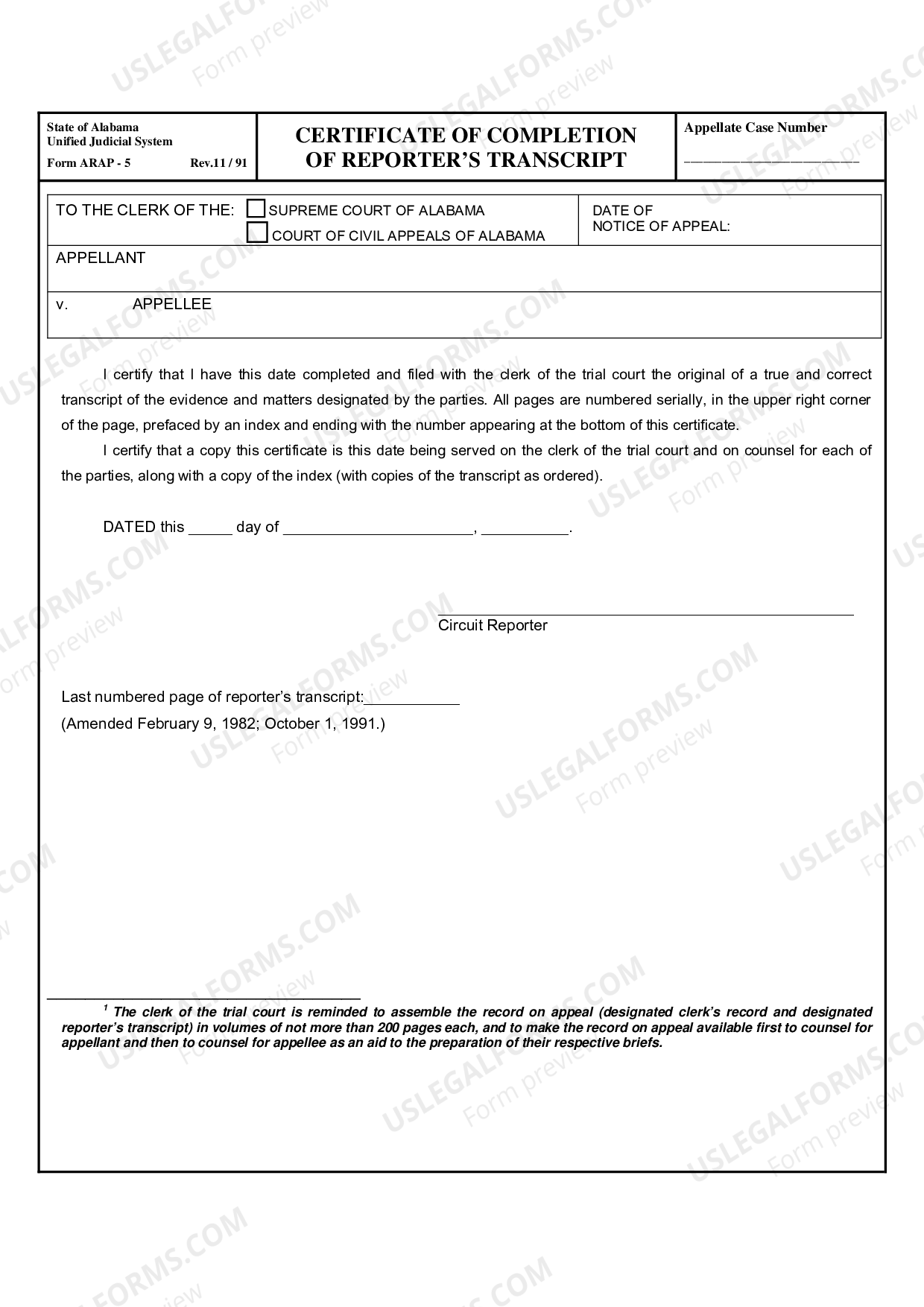 Alabama Certificate of Completion of Reporter's Transcript | US Legal Forms
