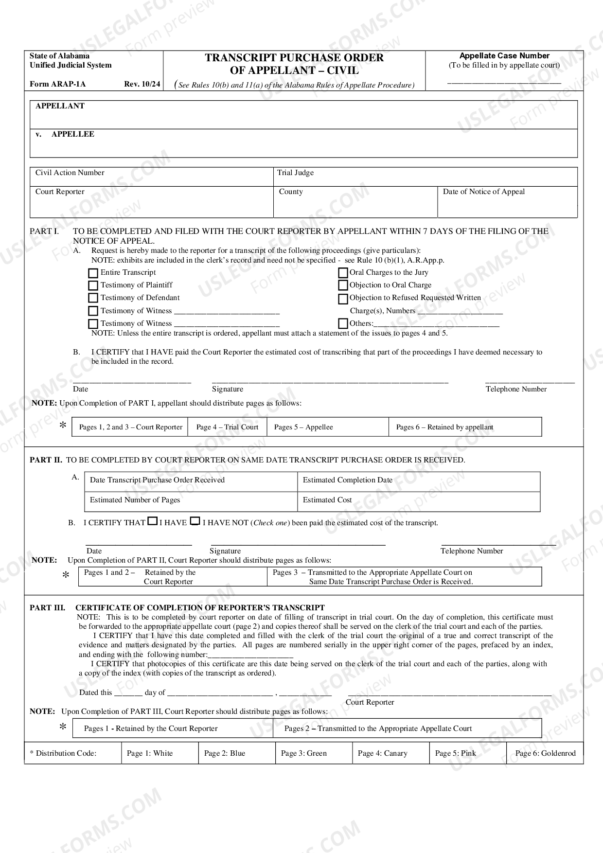 Alabama Transcript Purchase Order of Appellant - Civil | US Legal Forms