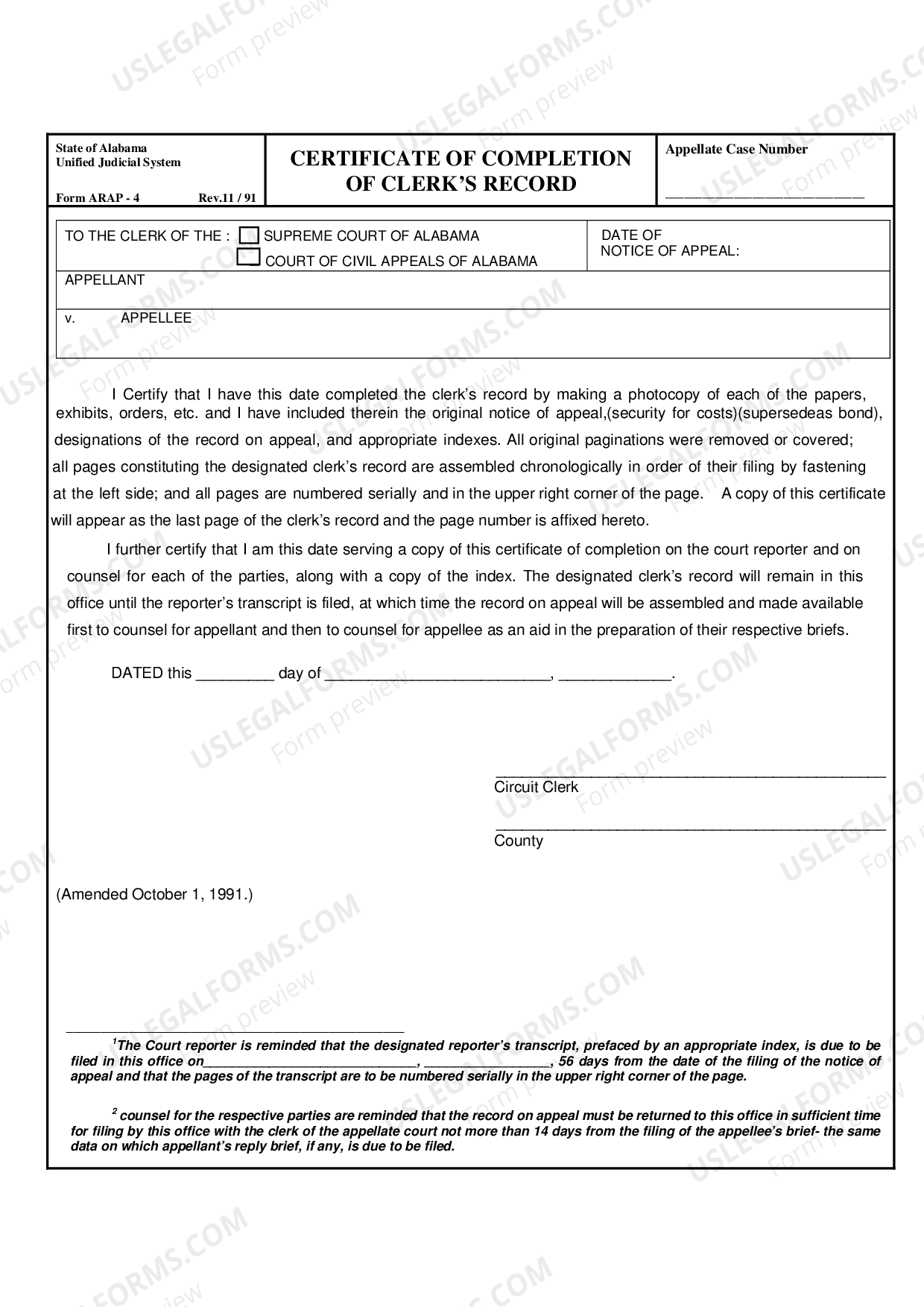 Alabama Certificate of Completion of Clerk's Record | US Legal Forms