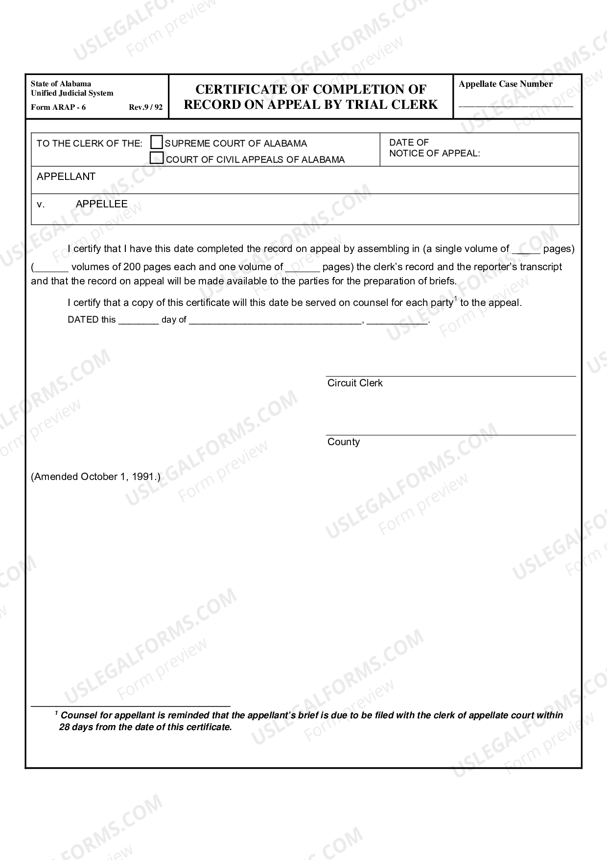 Alabama Certificate of Completion of Record on Appeal by Trial Clerk ...
