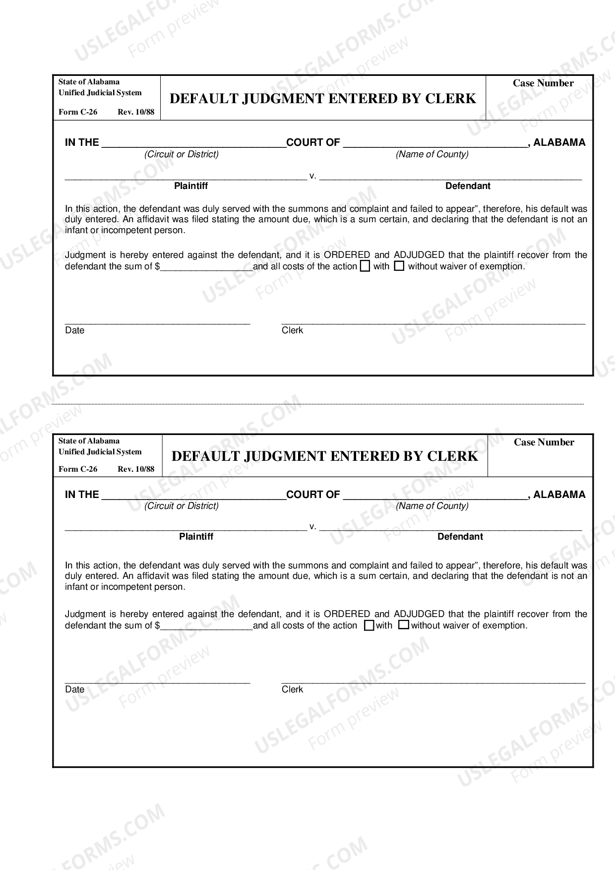 Alabama Default Judgment Entered by Clerk | US Legal Forms
