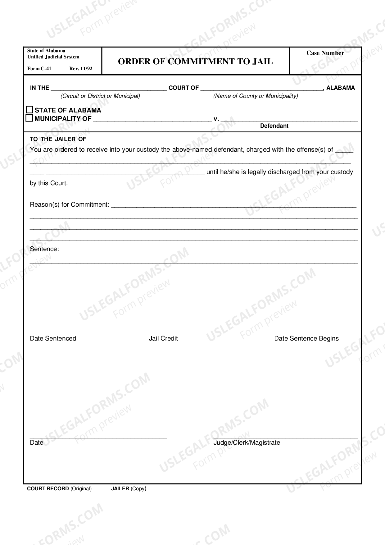Alabama Order of Commitment to Jail - Order Of Commitment To Jail | US ...